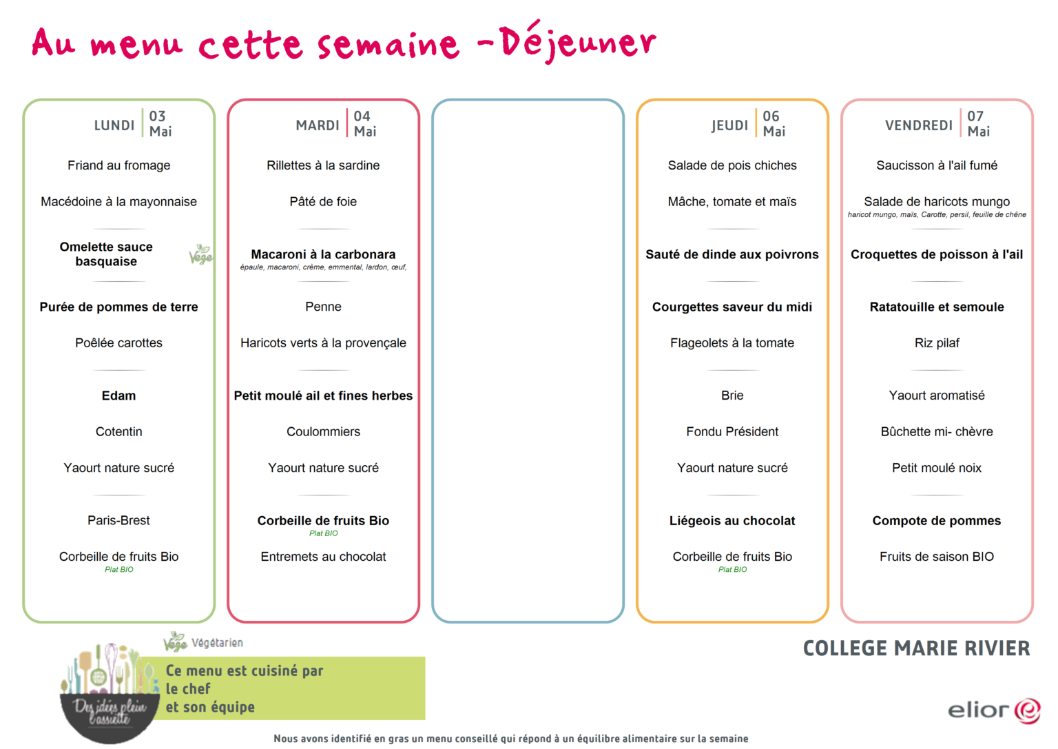 Menus du mois de Mai 2021